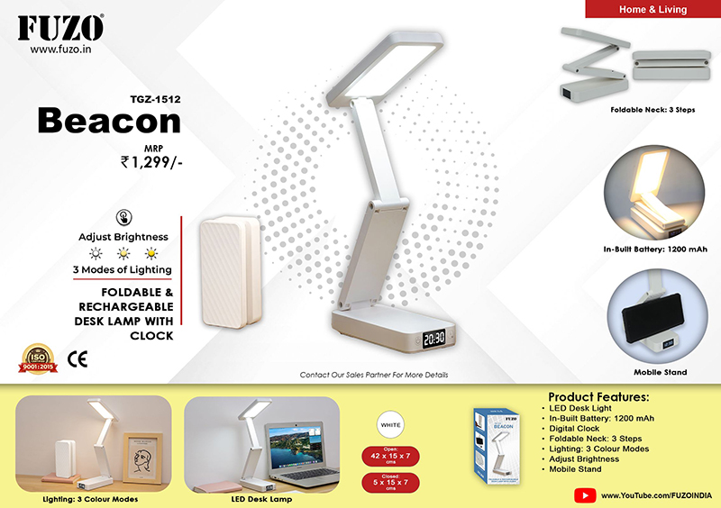 Beacon Rechargeable Foldable Desk Lamp With Clock Corporate Gifts ...
