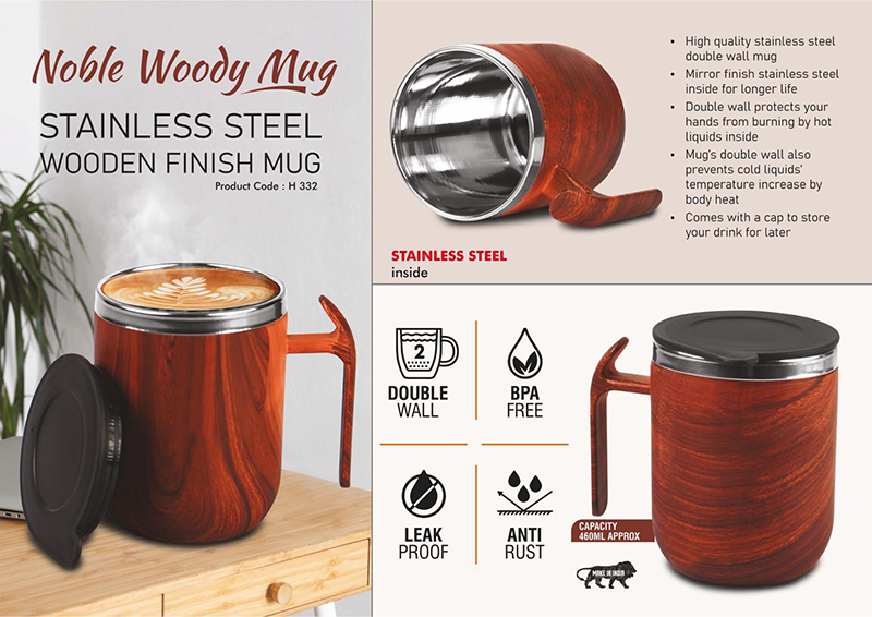 Stainless Steel Double Wall Coffee Mug With Wooden Finish Corporate ...